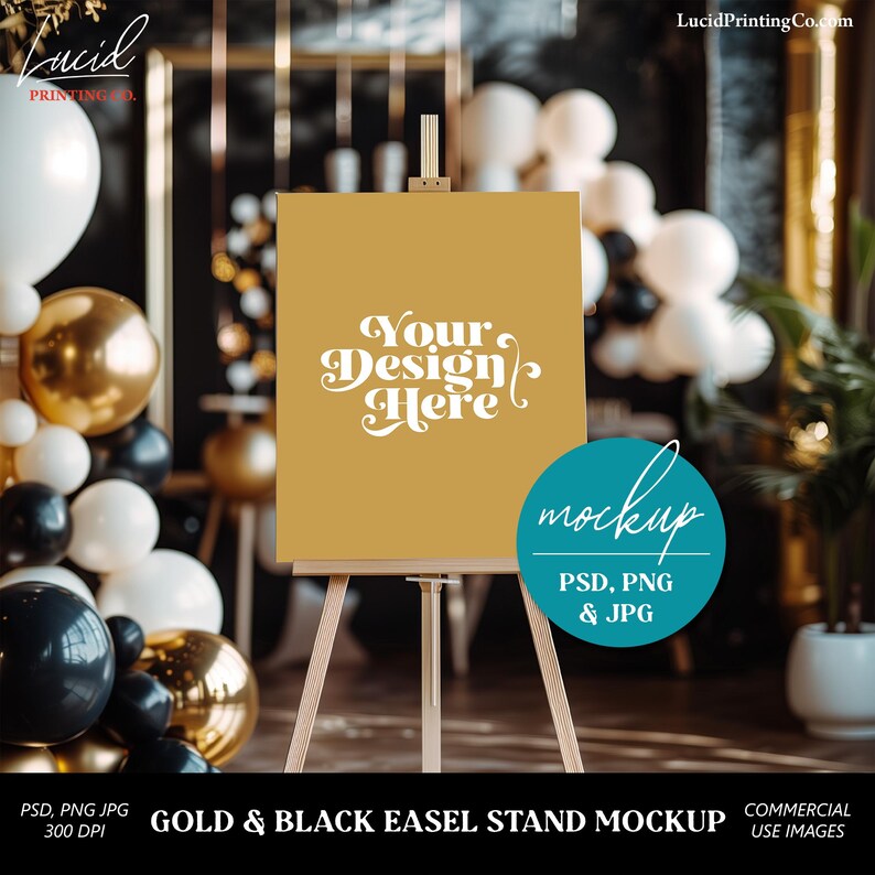 Gold and Black Party Easel Stand Mockup, Elegant Party Mock-up, Mockups ...