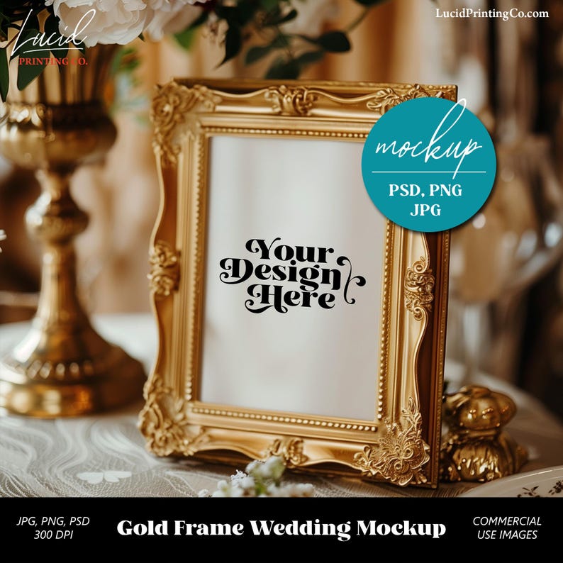 Gold Frame Wedding Table Sign Mockup, Elegant Wedding Table Number Mock ...