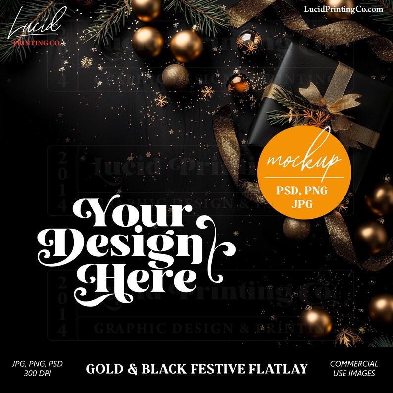 Gold and Black Christmas Flatlay Mockup, Holiday Flat Lay Mock-up ...