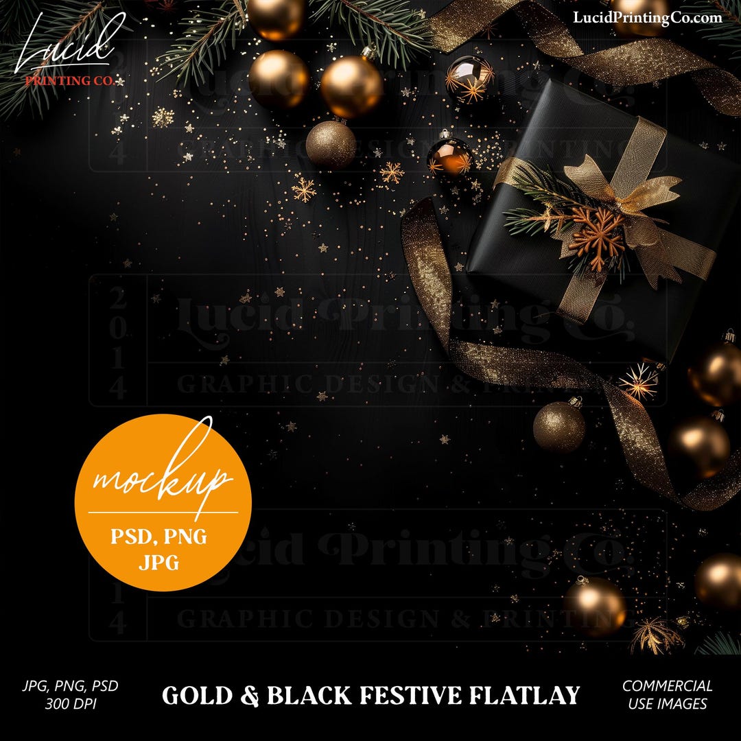 Gold and Black Christmas Flatlay Mockup, Holiday Flat Lay Mock-up ...