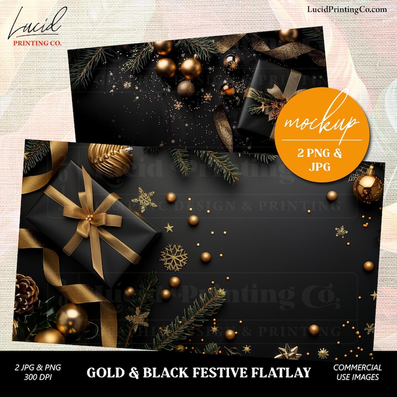 Gold and Black Christmas Flatlay Mockup, Holiday Flat Lay Mock-up ...
