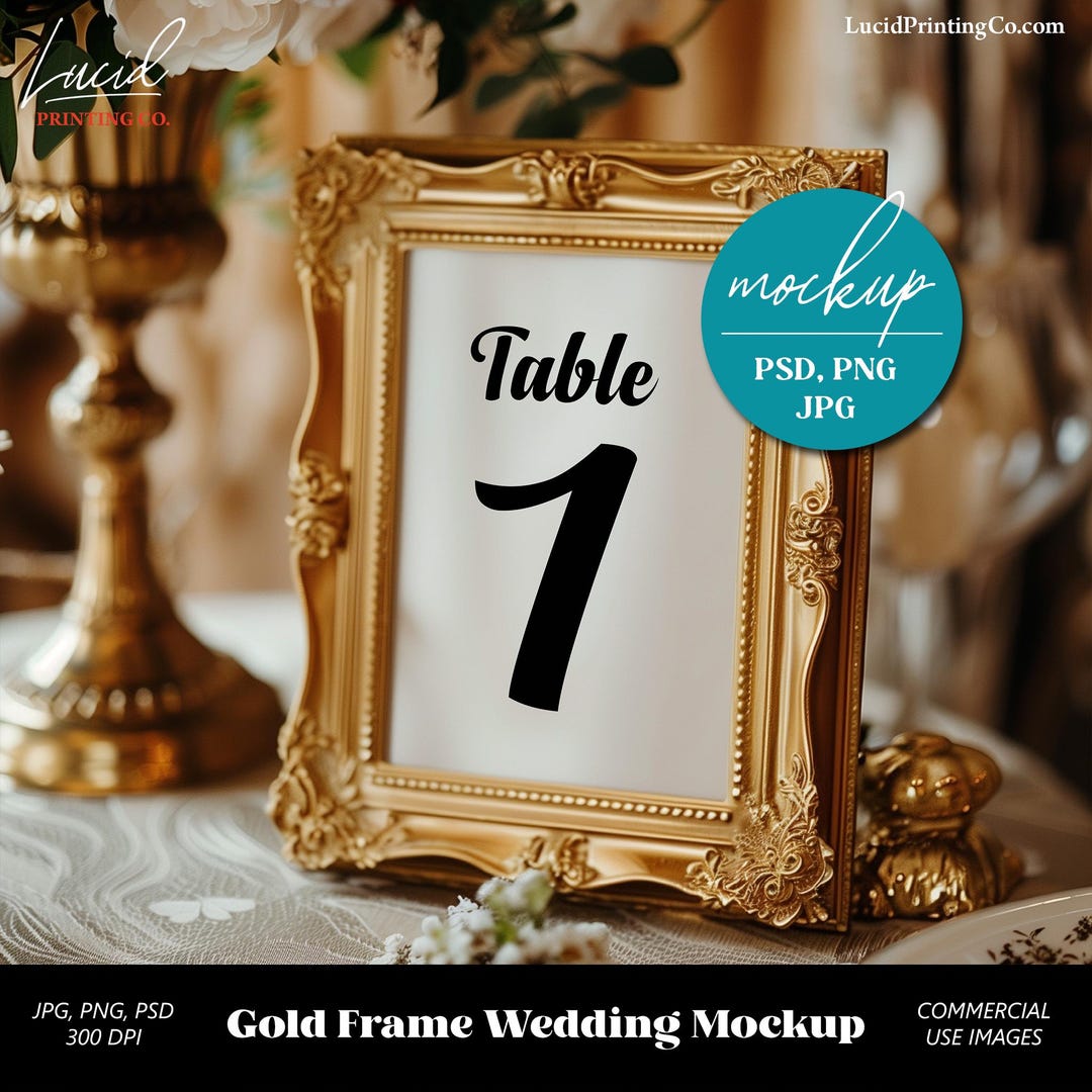 Gold Frame Wedding Table Sign Mockup, Elegant Wedding Table Number Mock ...