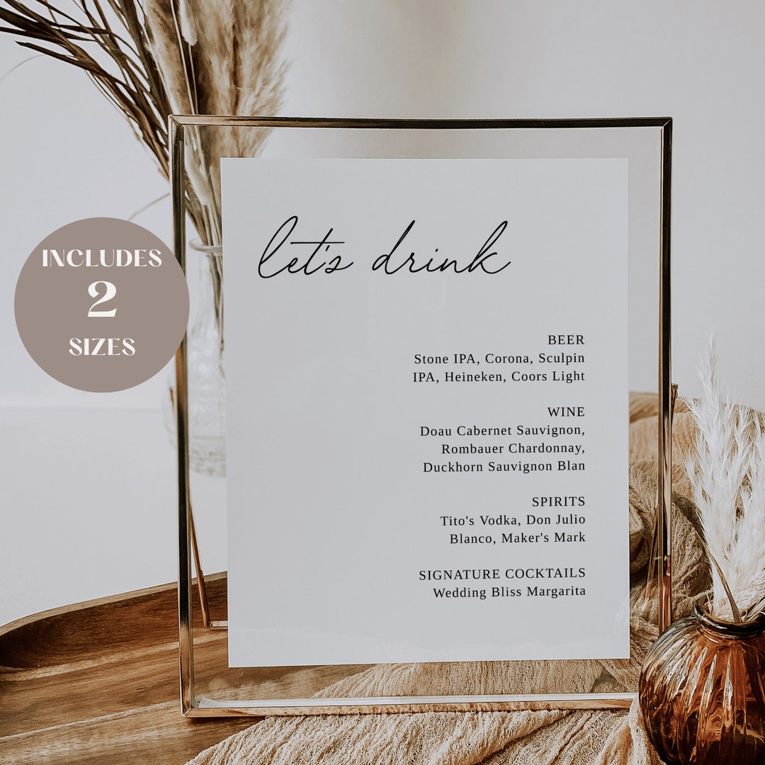 Minimalist Bar Menu Template, Lets Drink Sign, Wedding Drink Sign ...