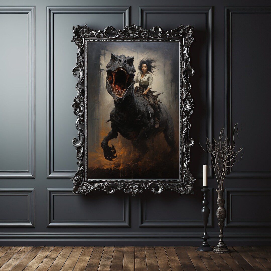 Victorian Cowgirl Hunter Riding a T-rex Vintage Oil Painting, T-rex Art ...