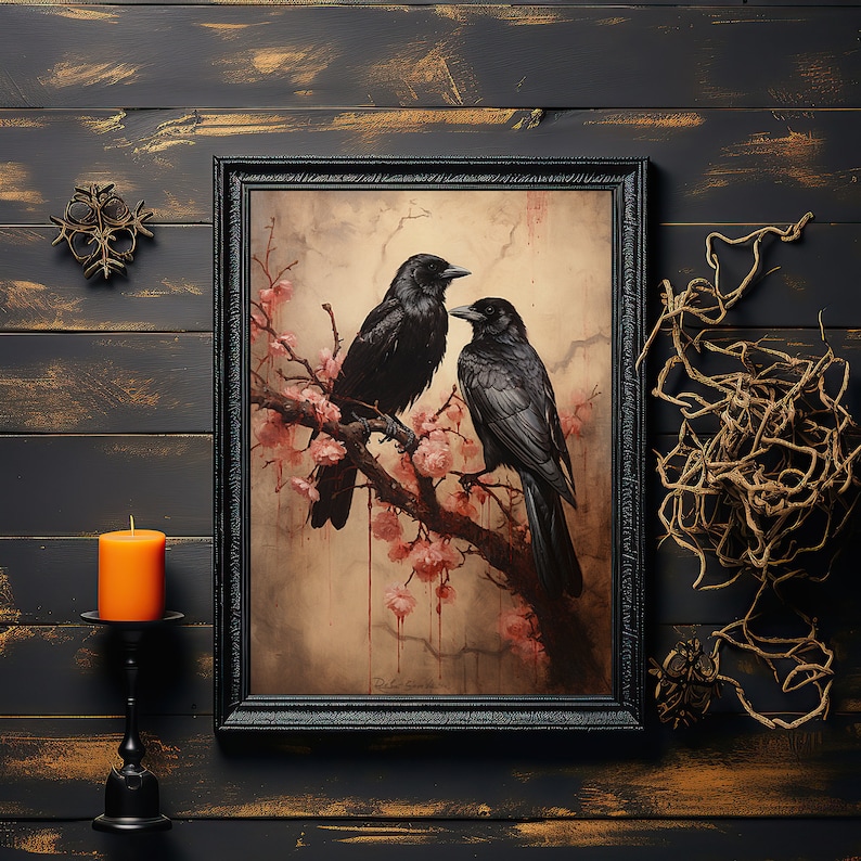 Two Crows Paired on a Cherry Branch Vintage Oil Painting, Two Crows Art ...