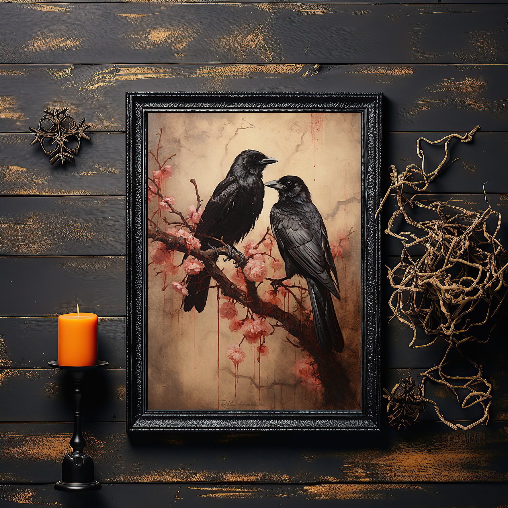 Two Crows Paired on a Cherry Branch Vintage Oil Painting, Two Crows Art ...