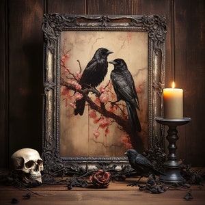 Two Crows Paired on a Cherry Branch Vintage Oil Painting, Two Crows Art ...