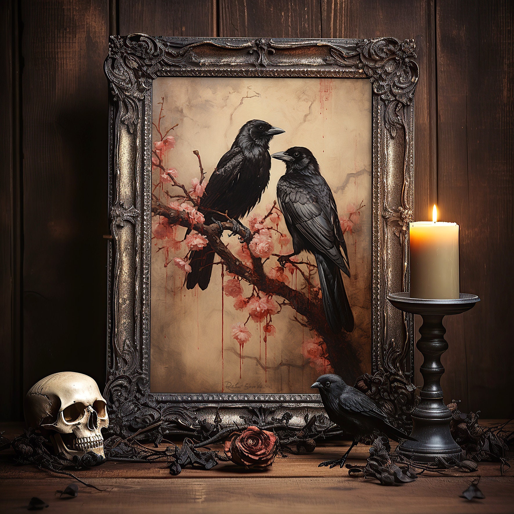 Two Crows Paired on a Cherry Branch Vintage Oil Painting, Two Crows Art ...