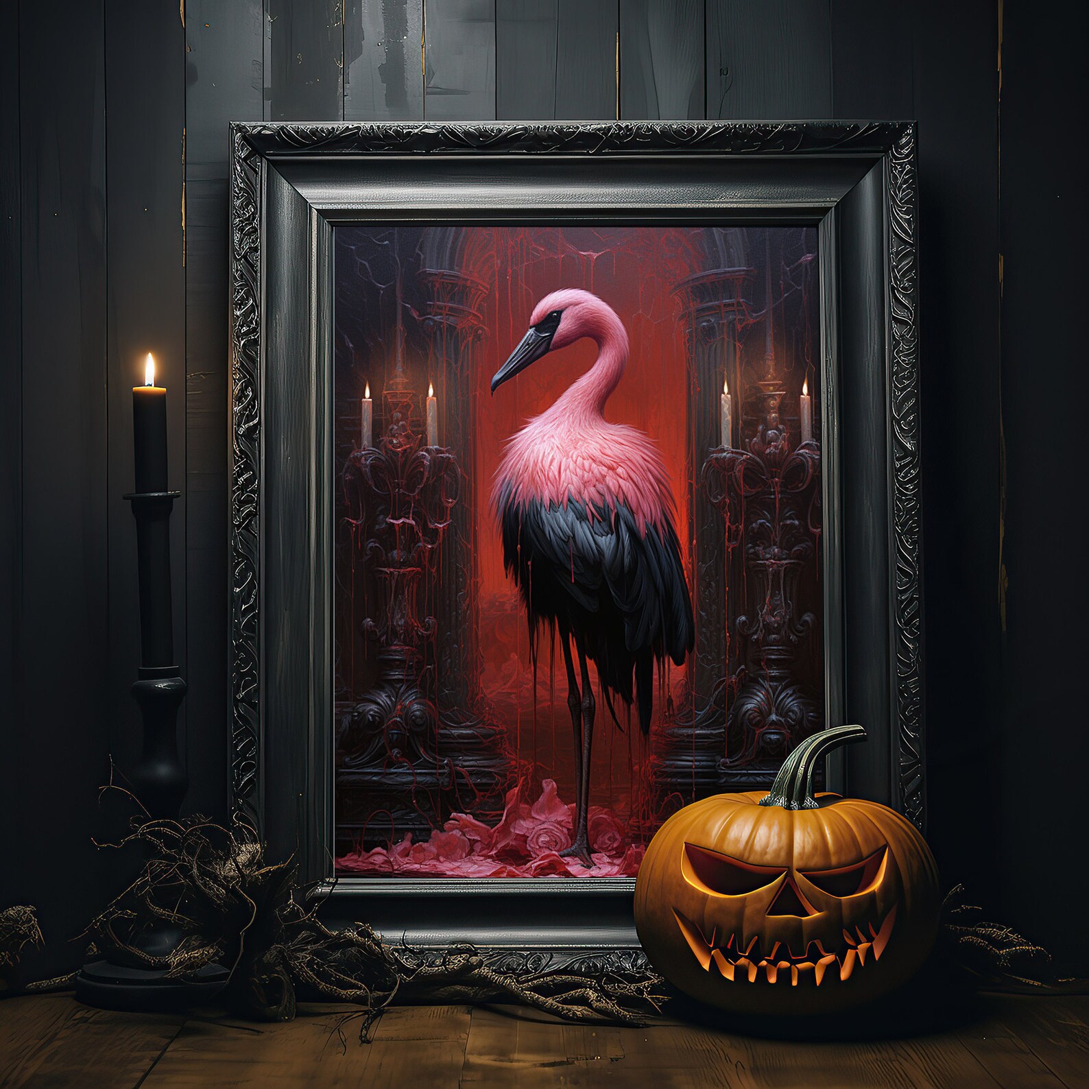 Black Pink Flamingo Vintage Oil Painting, Vintage Flamingo Art Poster ...