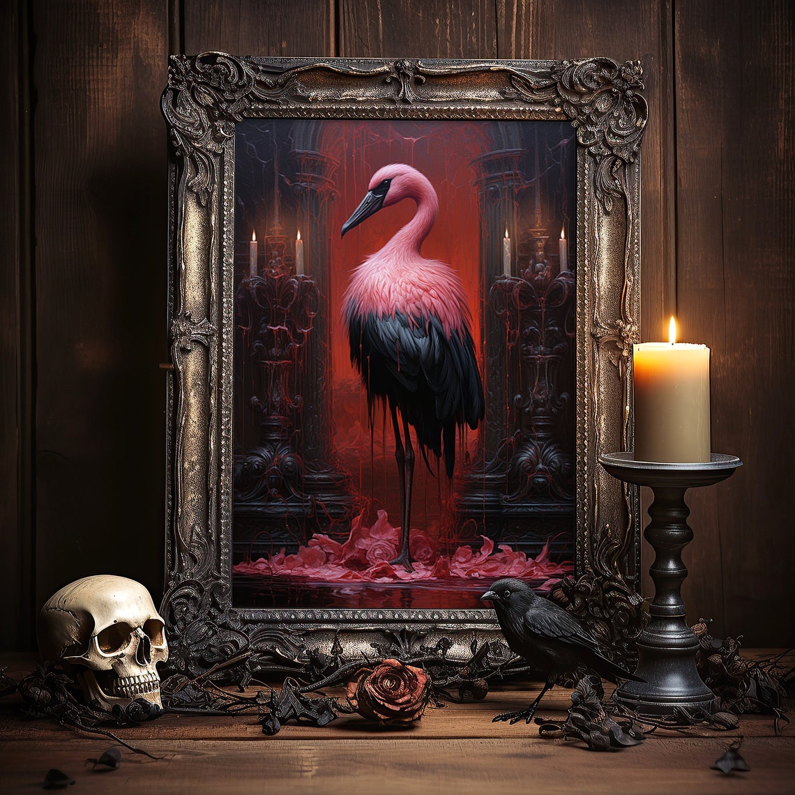 Black Pink Flamingo Vintage Oil Painting, Vintage Flamingo Art Poster ...