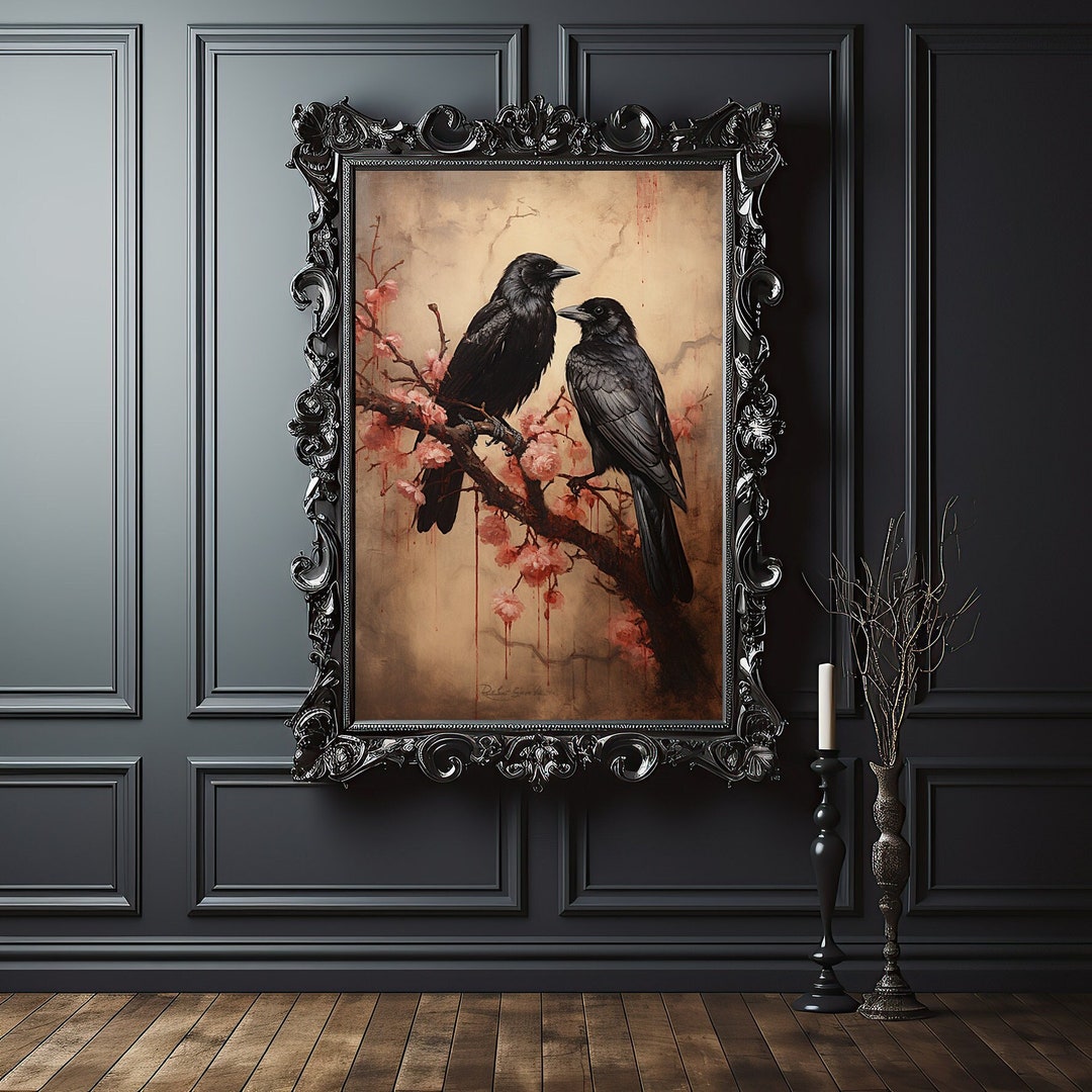 Two Crows Paired on a Cherry Branch Vintage Oil Painting, Two Crows Art ...