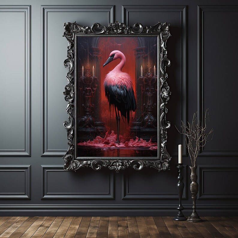 Digital Download Wall Art Black Pink Flamingo Vintage Oil Painting ...