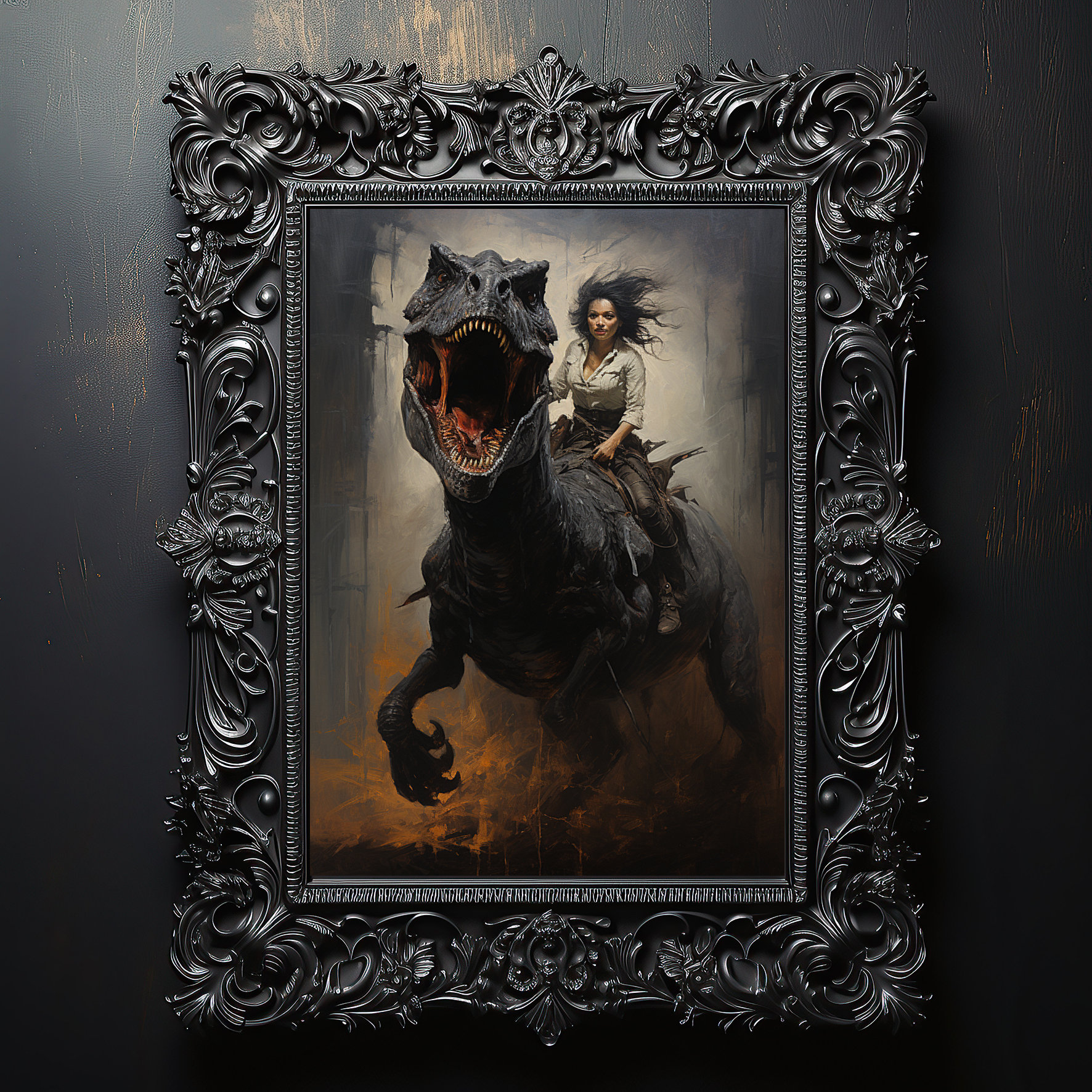 Victorian Cowgirl Hunter Riding a T-rex Vintage Oil Painting, T-rex Art ...