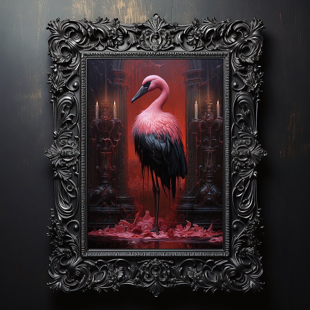Digital Download Wall Art Black Pink Flamingo Vintage Oil Painting ...