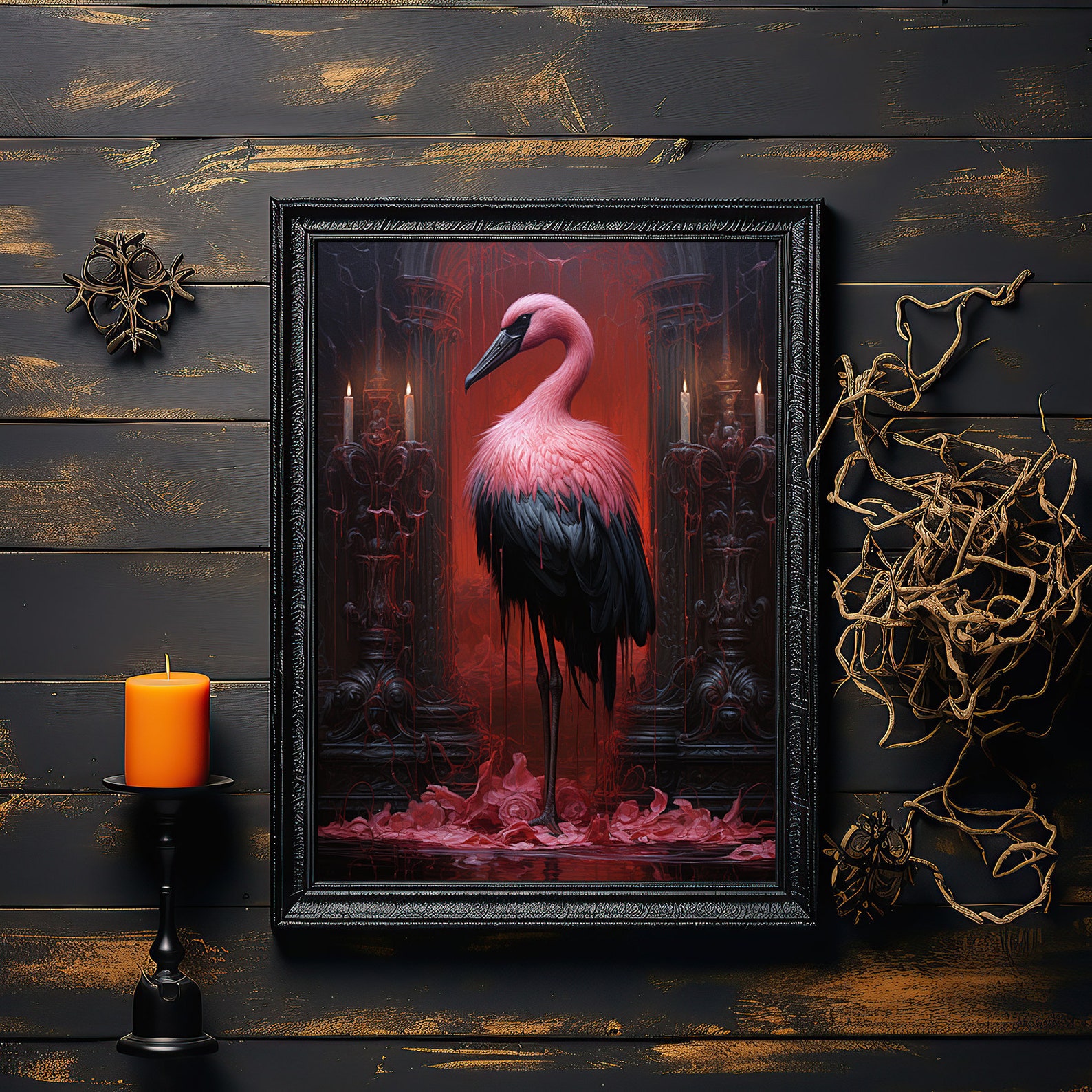 Black Pink Flamingo Vintage Oil Painting, Vintage Flamingo Art Poster ...