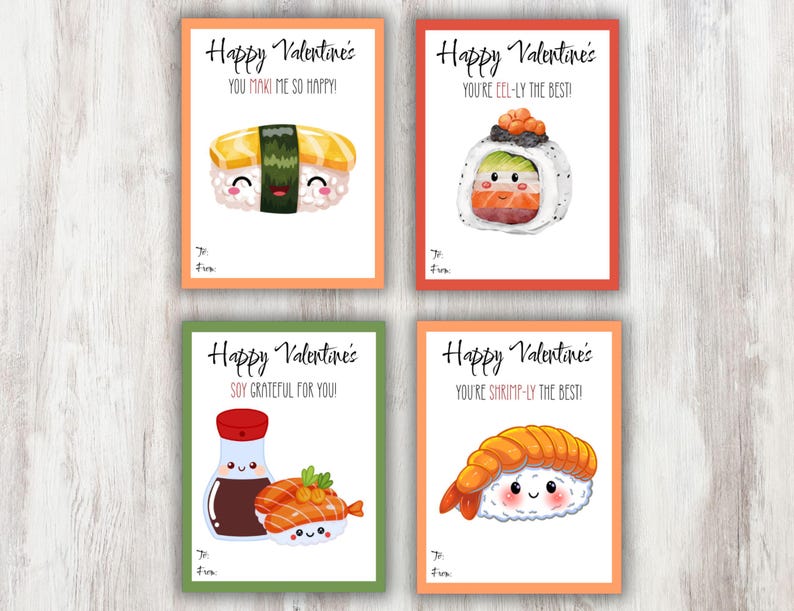 Sushi Valentine's Cards, Printable Kawaii Food Puns for Kid's ...