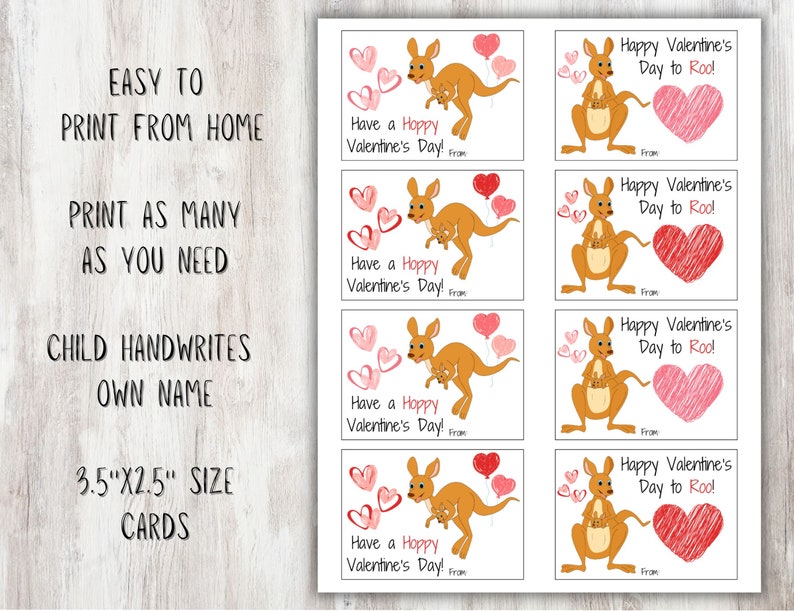 Kangaroo Printable Valentine's Cards, Kid's Classroom Valentines, Treat ...