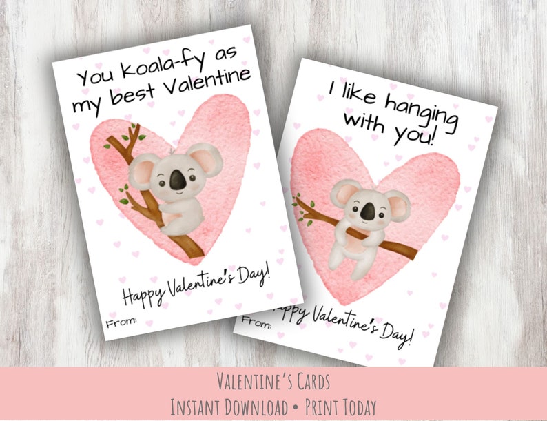 Koala Printable Valentine's Cards, Kid's Classroom Valentines, Treat ...