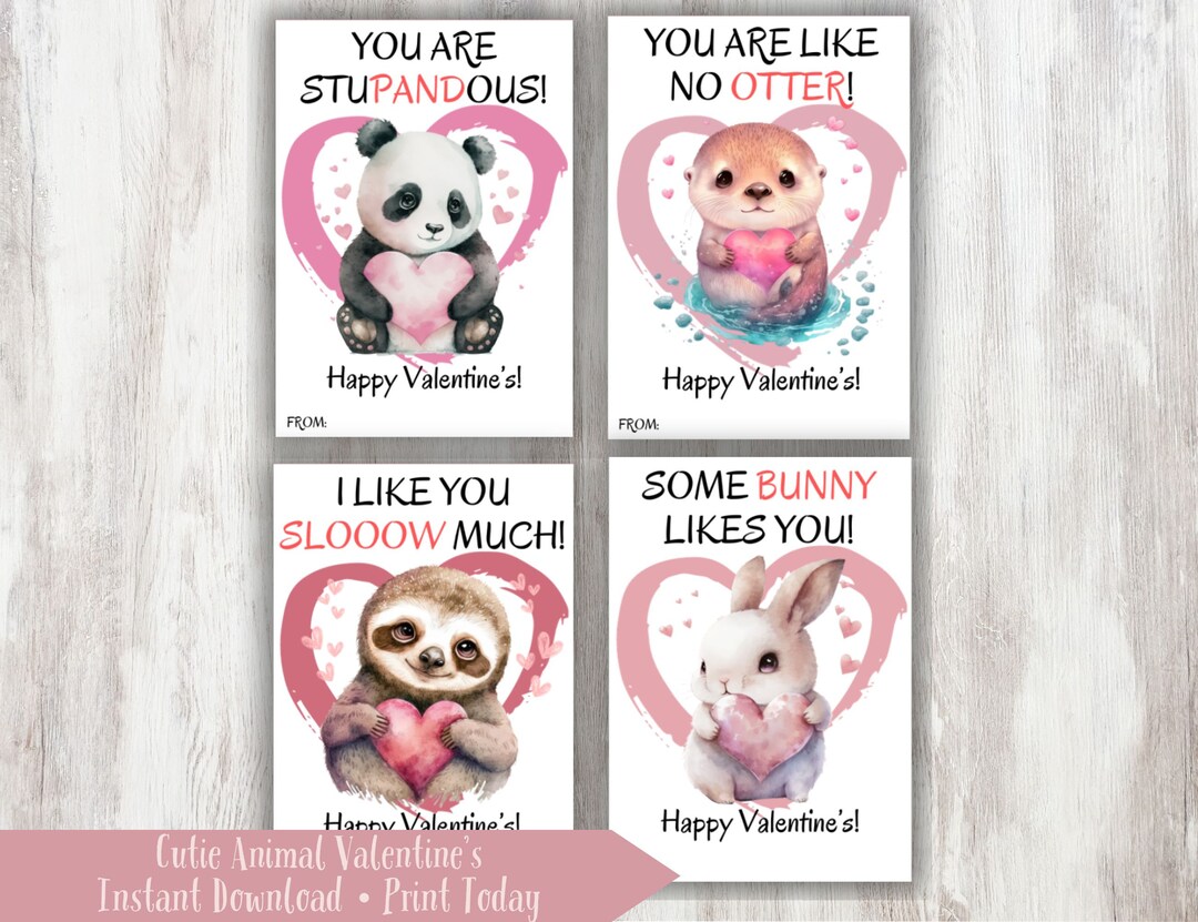 Cute Animal Printable Valentine's Cards, Otter Panda Sloth Bunny, Kid's ...
