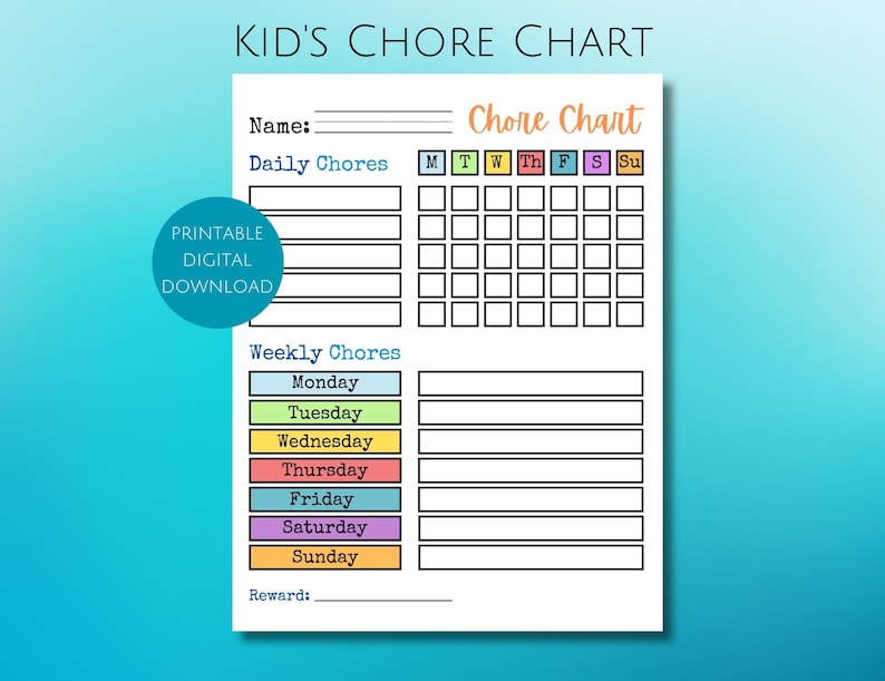 Kid's Colorful Chore Chart, Printable Chore Checklist - Etsy