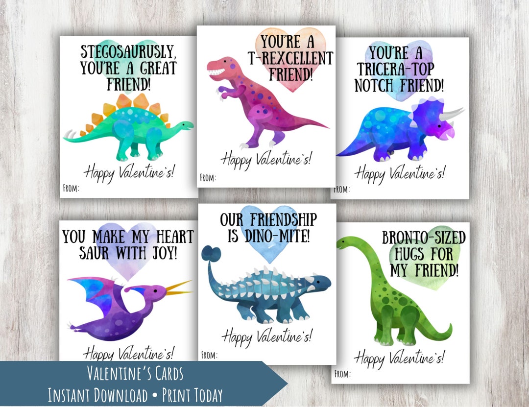 Funny Dinosaur Valentine's Cards, Printable Kid's Classroom Valentines ...