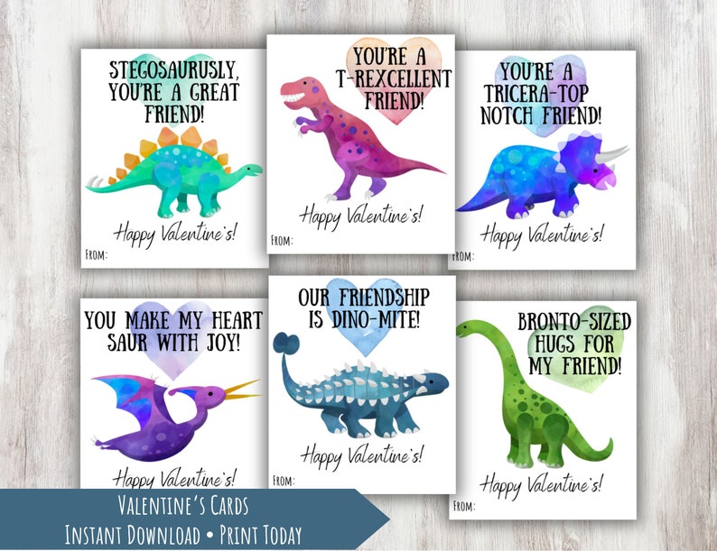 Funny Dinosaur Printable Valentine's Cards, Kid's Classroom Valentines ...