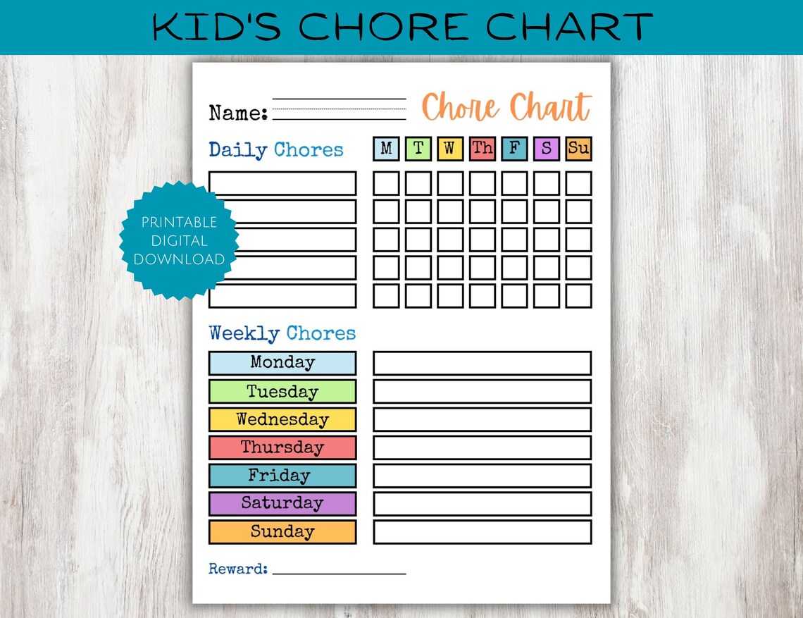 Kid's Colorful Chore Chart, Printable Chore Checklist, Jobs and ...