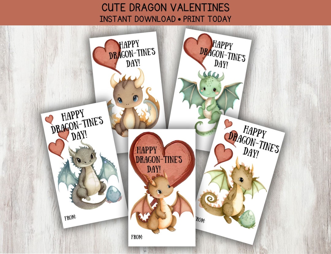 Cute Dragon Printable Valentine's Day Cards, Kid's Classroom Valentines ...