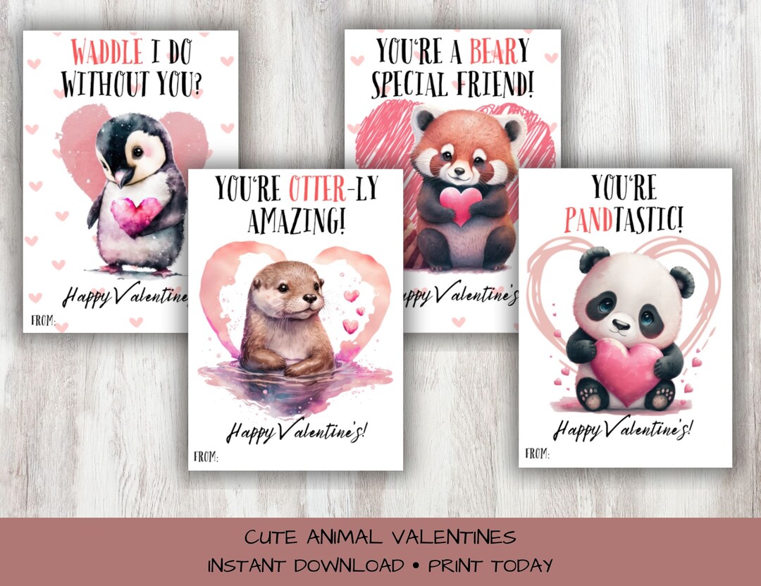 Cute Animal Printable Valentine's Cards, Panda Otter Penguin Red Panda ...