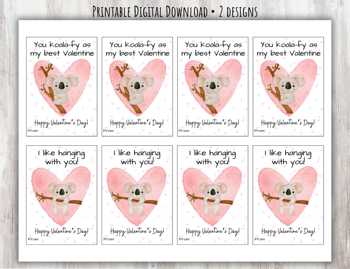 Koala Printable Valentine's Cards, Kid's Classroom Valentines, Treat ...