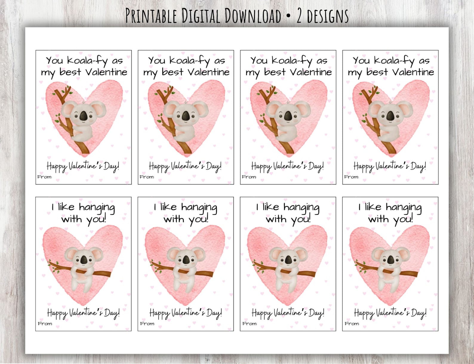 Koala Printable Valentine's Cards, Kid's Classroom Valentines, Treat ...