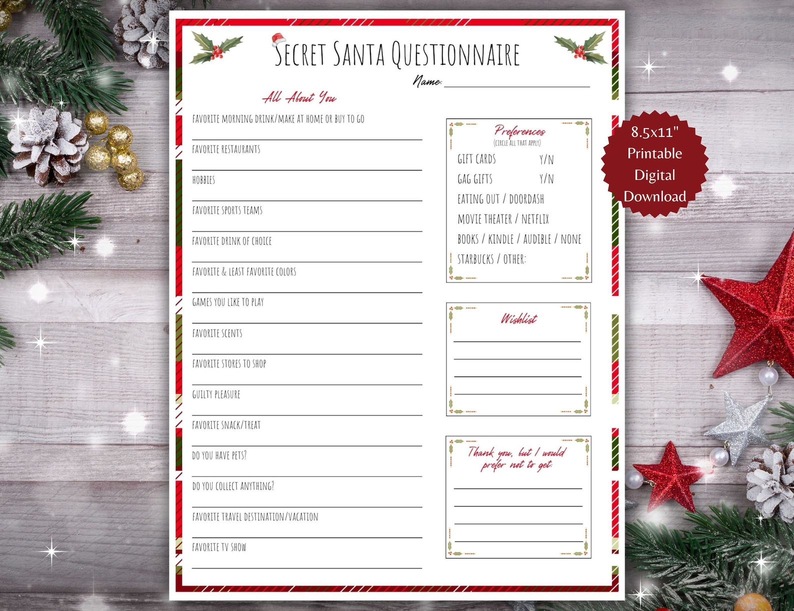 Secret Santa Questionnaire Printable, Coworker Gift Exchange, Secret ...