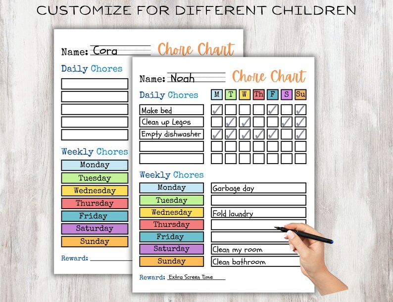 Kid's Colorful Chore Chart, Printable Chore Checklist, Jobs and ...