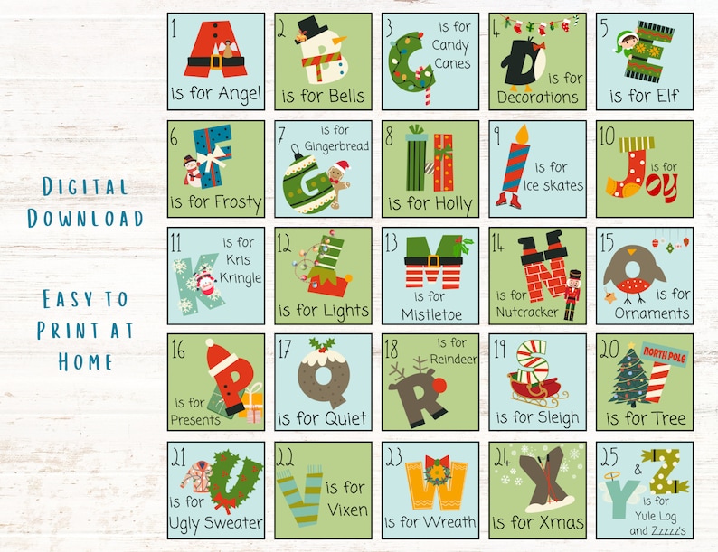 Alphabet Advent Calendar, Christmas Countdown Calendar, Kid's Printable ...