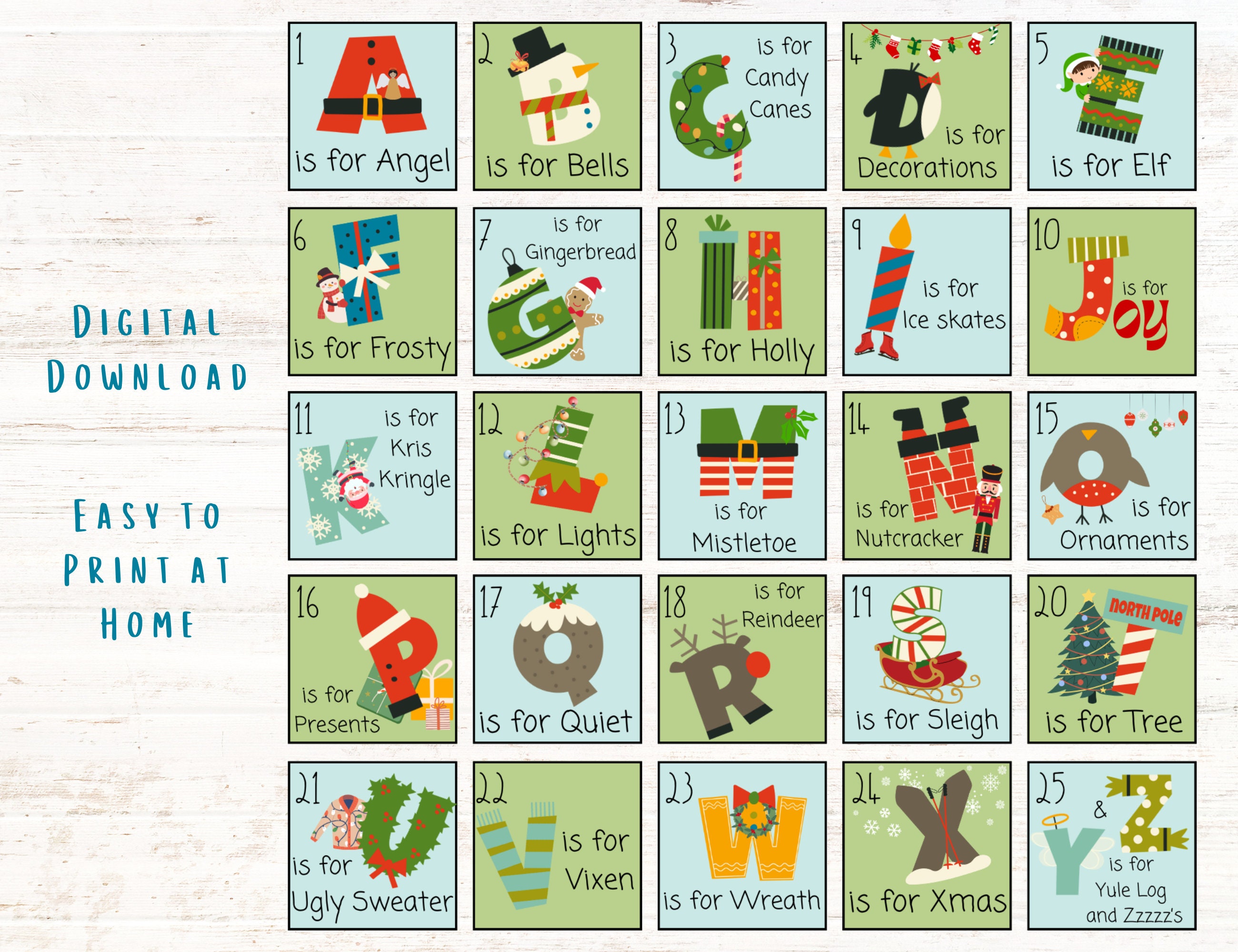 Alphabet Advent Calendar, Christmas Countdown Calendar, Kid's Printable ...
