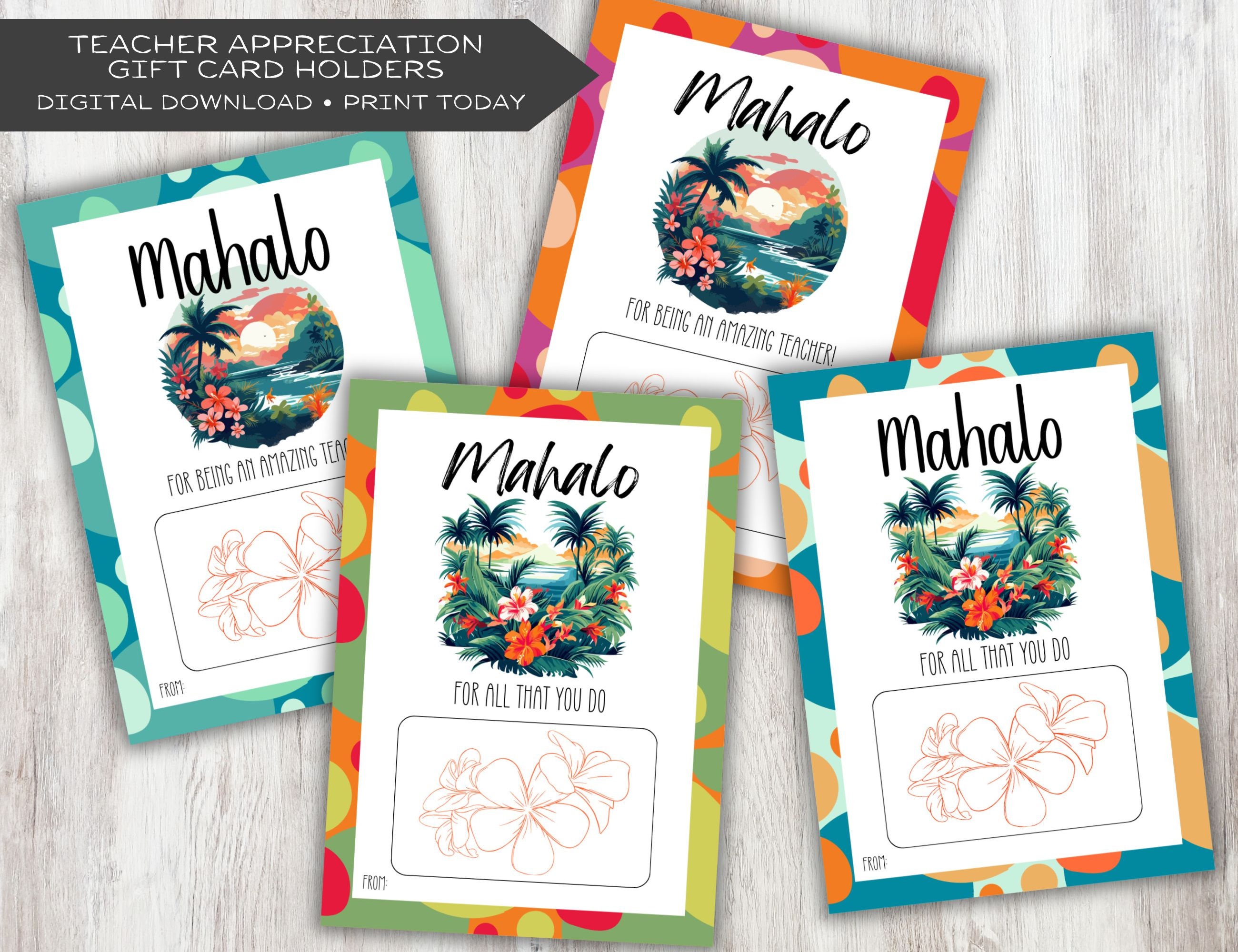 Mahalo Teacher Appreciation Gift Card Holder, Hawaiian Themed Thank You ...