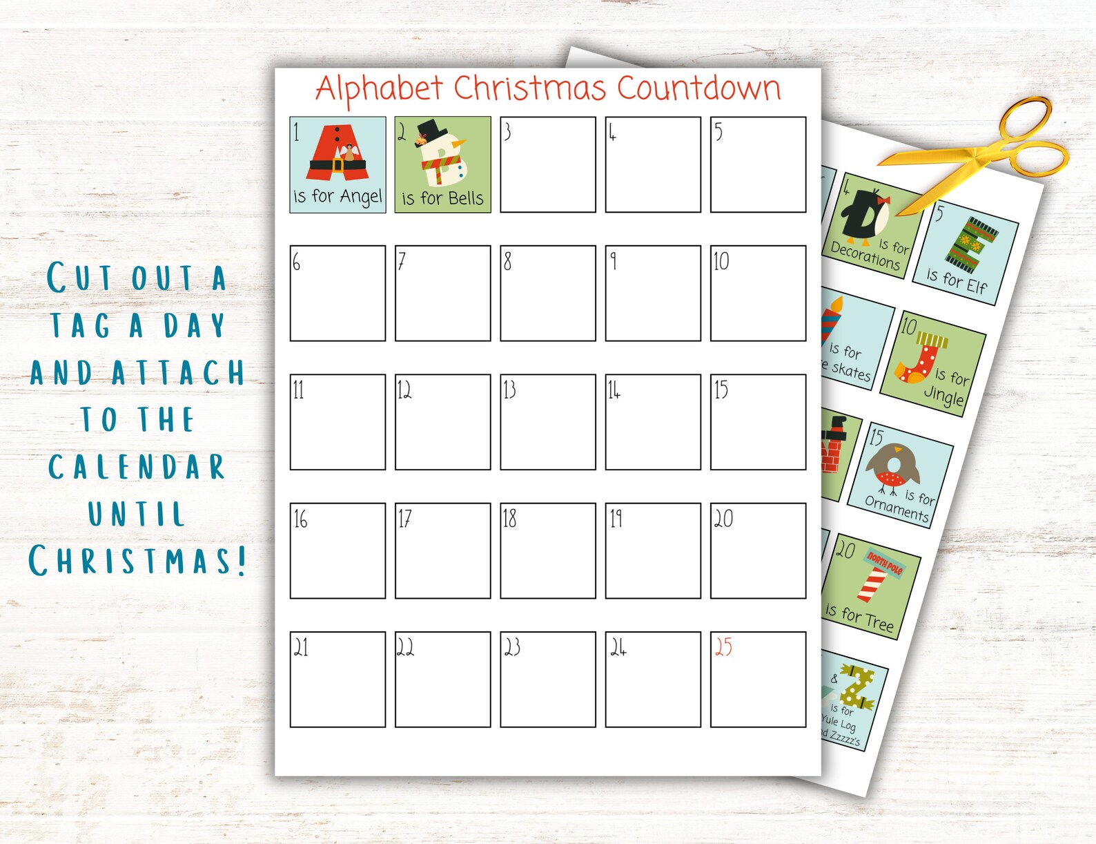 Alphabet Advent Calendar, Christmas Countdown Calendar, Kid's Printable ...