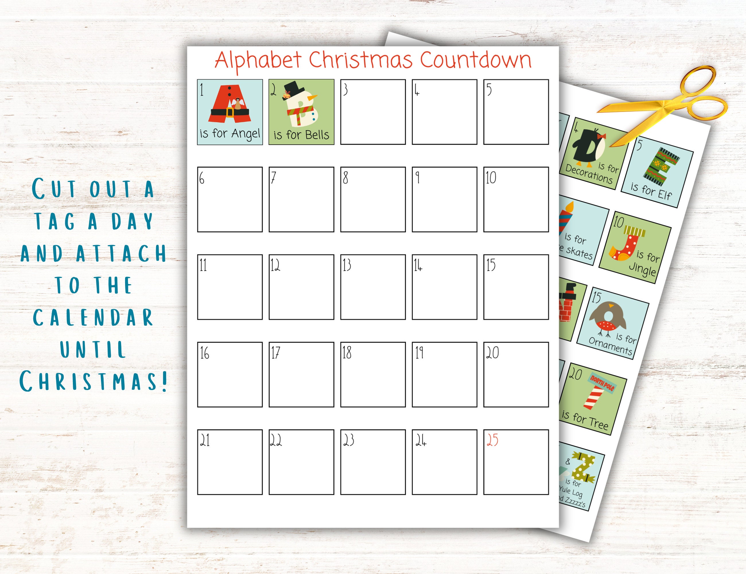 Alphabet Advent Calendar, Christmas Countdown Calendar, Kid's Printable ...