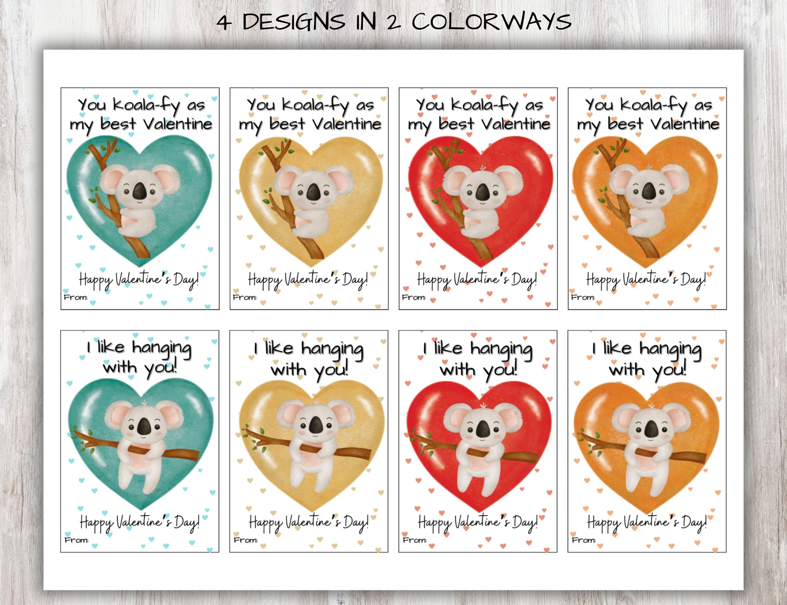 Colorful Koala Printable Valentine's Cards, Kid's Classroom Valentines ...