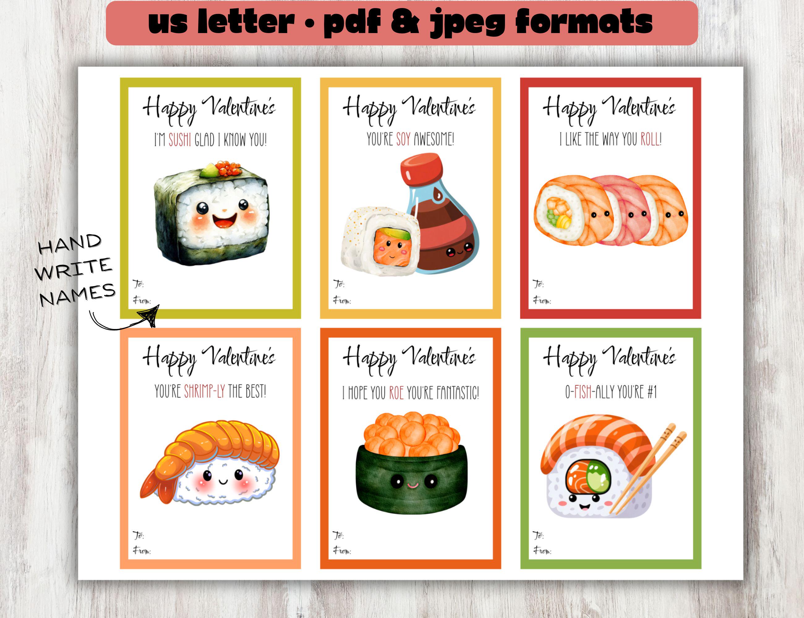 Sushi Valentine's Cards, Printable Kawaii Food Puns for Kid's ...