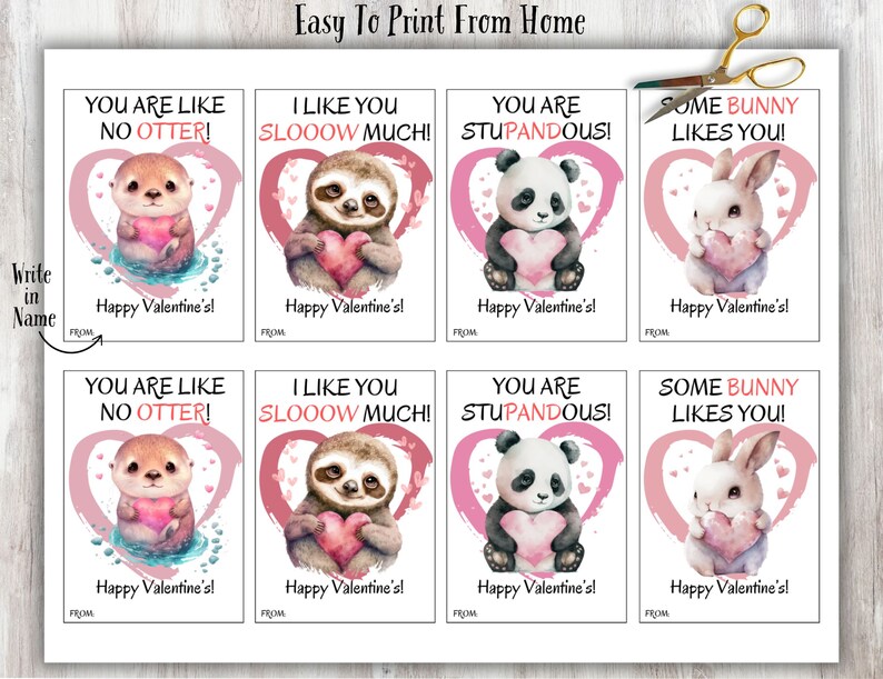 Cute Animal Printable Valentine's Cards, Otter Panda Sloth Bunny, Kid's ...