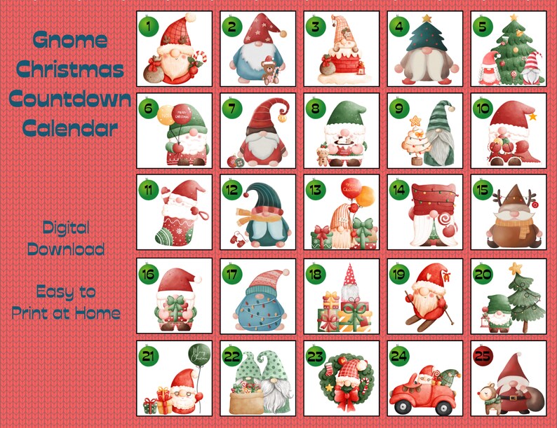 Gnome Advent Calendar, Christmas Countdown Calendar, Printable Kid's ...