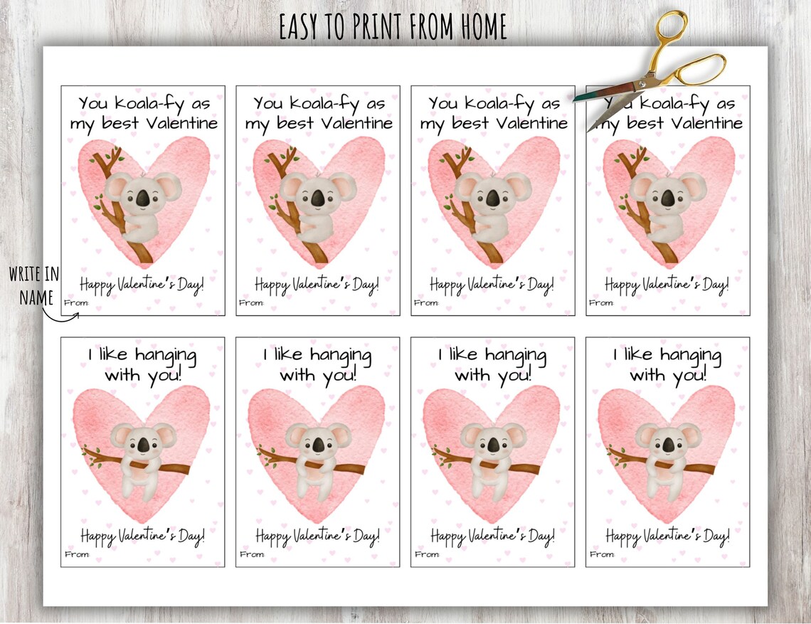 Koala Printable Valentine's Cards, Kid's Classroom Valentines, Treat ...