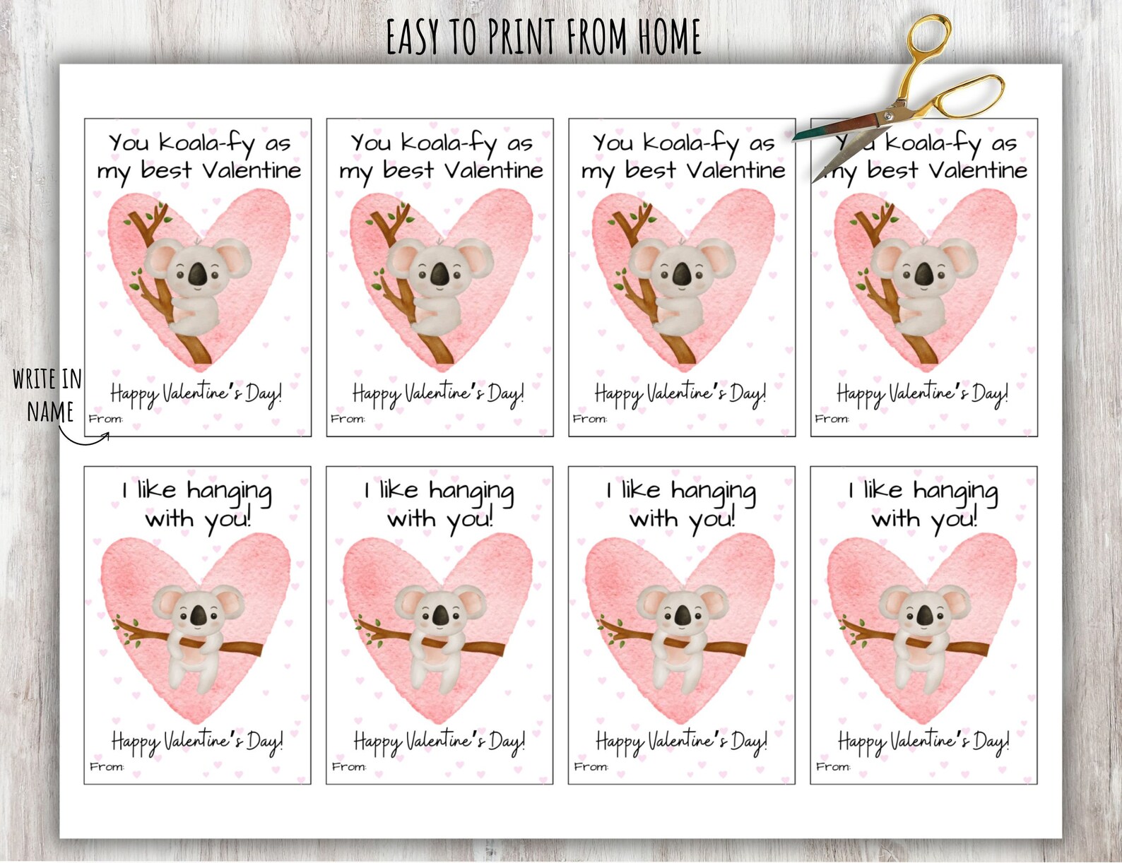 Koala Printable Valentine's Cards, Kid's Classroom Valentines, Treat ...