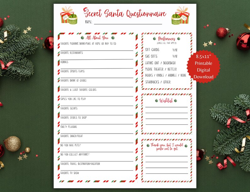 Secret Santa Questionnaire Printable, Coworker Gift Exchange , Secret ...