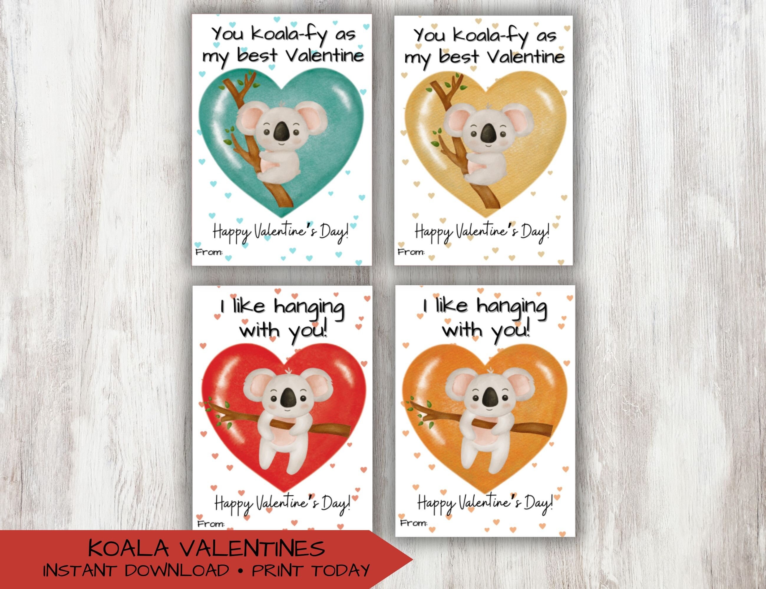 Colorful Koala Printable Valentine's Cards, Kid's Classroom Valentines ...