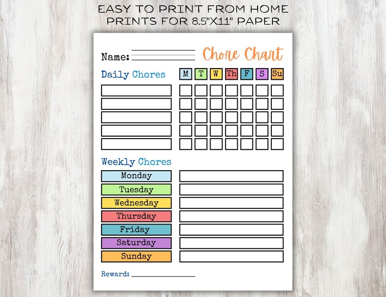 Kid's Colorful Chore Chart, Printable Chore Checklist, Jobs and ...