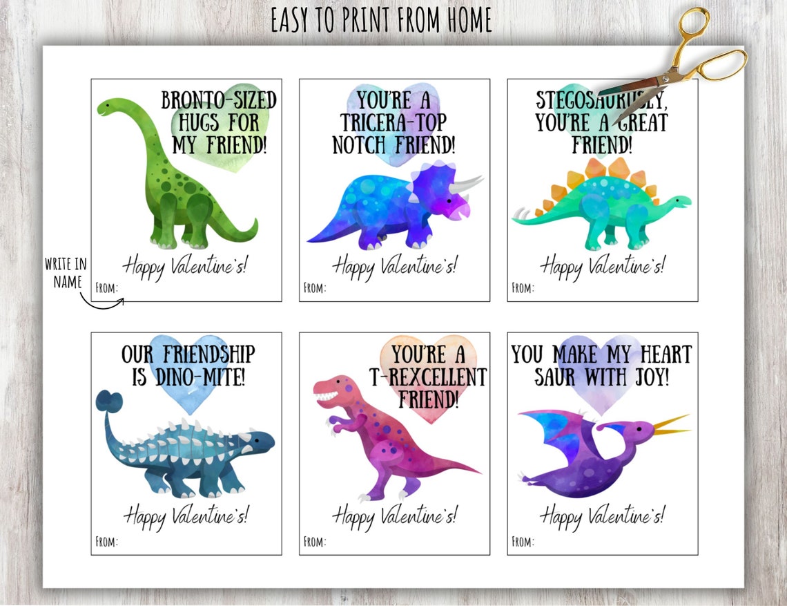 Funny Dinosaur Printable Valentine's Cards, Kid's Classroom Valentines ...