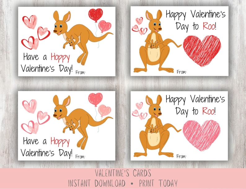 Kangaroo Printable Valentine's Cards, Kid's Classroom Valentines, Treat ...