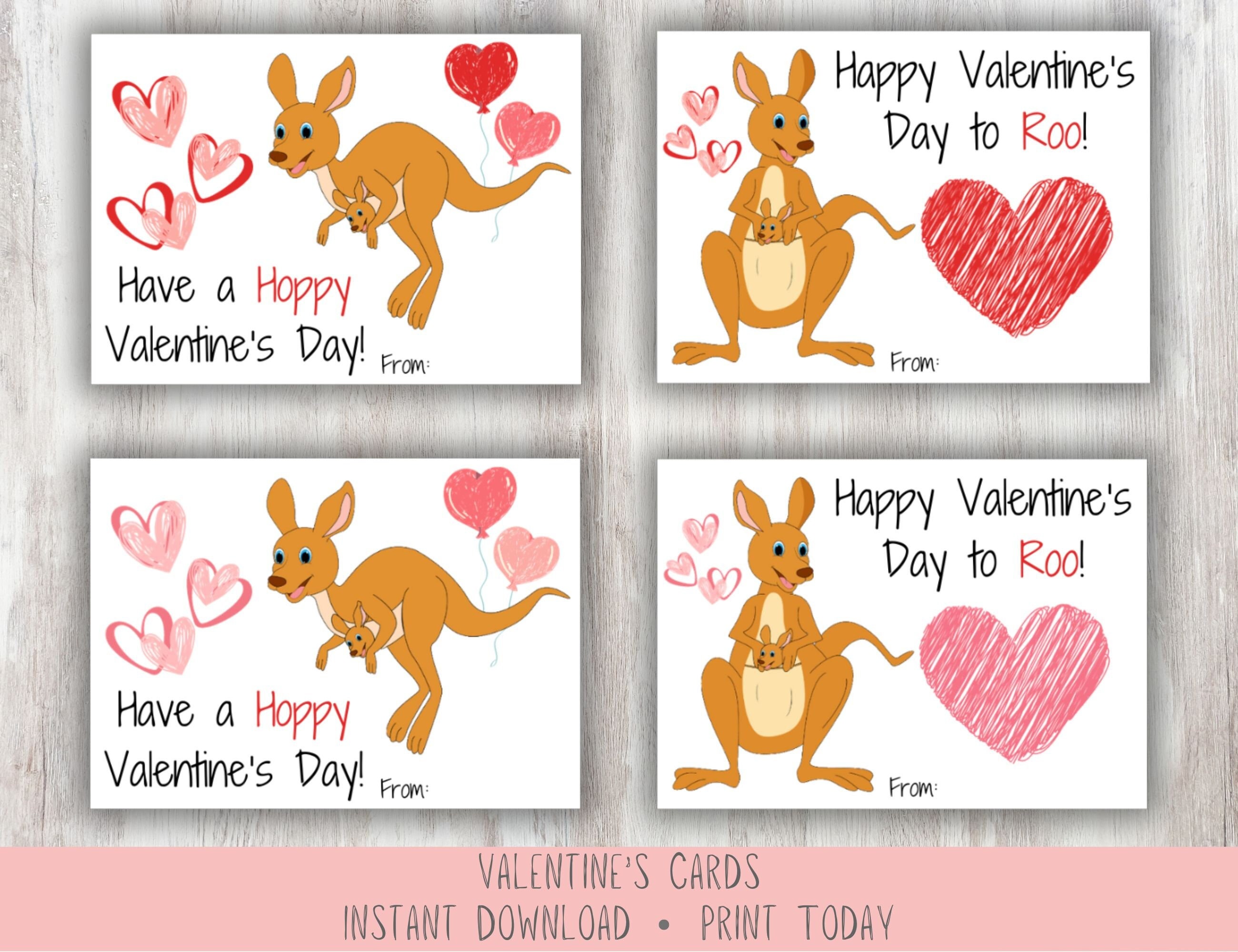 Kangaroo Printable Valentine's Cards, Kid's Classroom Valentines, Treat ...
